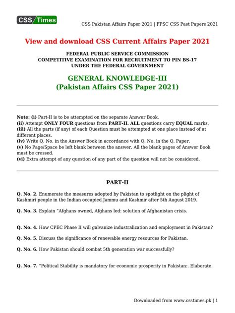 Css Pakistan Affairs Paper 2021 Fpsc Css Past Papers 2021 Download
