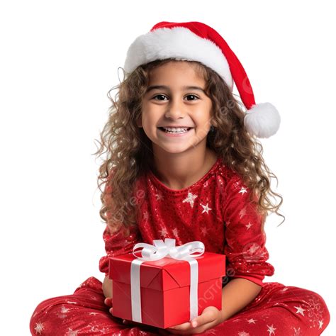 Una Niña Alegre Con Traje De Navidad Sentada Aislada Png Sosteniendo Una Caja De Regalo Niña