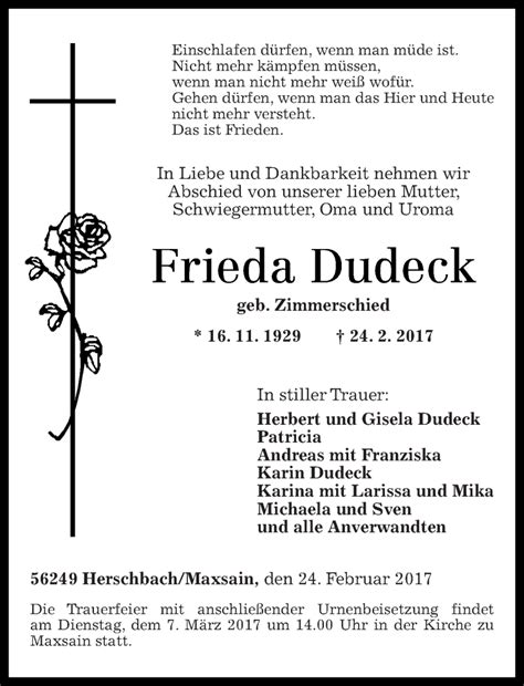 Traueranzeigen Von Frieda Dudeck Rz Trauerde