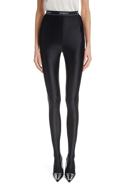 Saint Laurent Logo High Waist Satin Tights In Blue Lyst