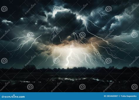 Lightning Lightning Strikes Against The Dark Cloudy Sky Illustration