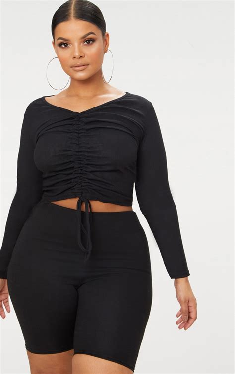Plus Black Ribbed Ruched Crop Top Plus Size Prettylittlething