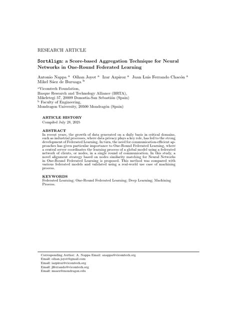 Sortalign A Score Based Aggregation Technique For Neural Networks In One Round Federated