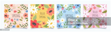 봄 귀여운 꽃 카드 꽃 데이지 튤립 배경의 세트입니다 여성의 날 3 월 8 일 어머니의 날 생일에 대 한 손으로 그린 꽃 벡터 템플릿입니다 배너 소셜 미디어 게시물에