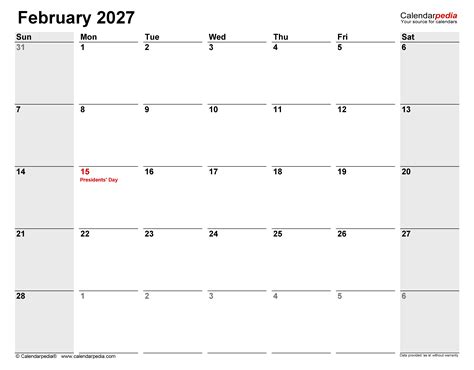 February 2027 Calendar 12 Free Printable Pdf Templates