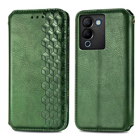 For Infinix Note 12 G96 Cubic Grid Pressed Magnetic Leather Phone Case Green