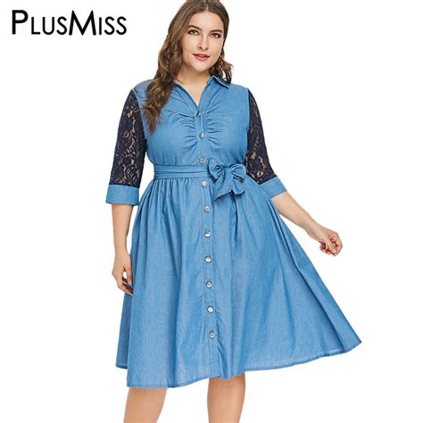 Buy Plusmiss Plus Size Sexy Lace Denim Shirt Dress