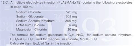 Solved A Multiple Electrolytes Injection Plasma Lyte