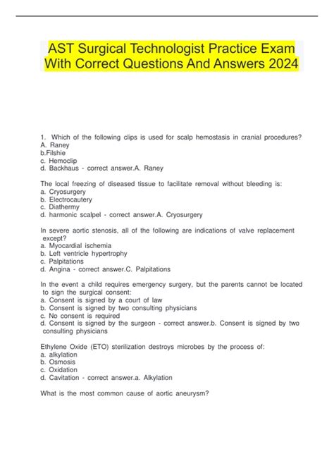 Ast Surgical Technologist Practice Exam With Correct Questions And Answers 2024 Ast Surgical