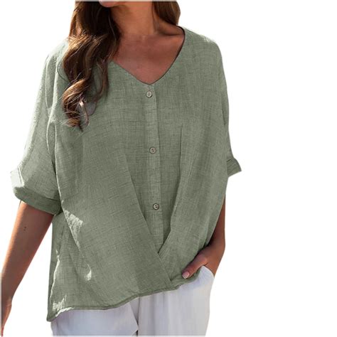 Ddapj Pyju Women Roll Up 34 Sleeve Blousesbutton Down Cotton Linen