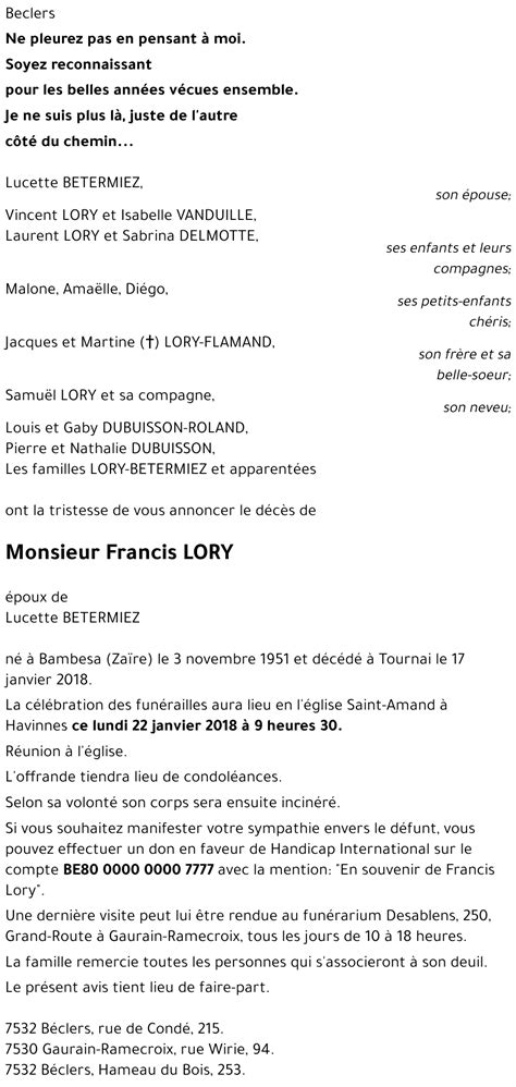 Avis De Décès De Francis Lory Décédé Le 17012018 à Tournai Annonce