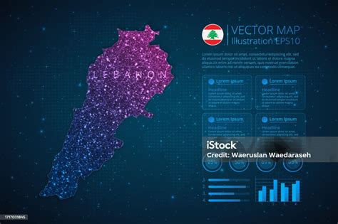 레바논 지도 인포그래픽 템플릿은 다이어그램 그래프 프리젠테이션 및 차트에 파란색 배경에 추상적인 기하학적 메쉬 다각형 조명 개념이 있다 0명에 대한 스톡 벡터 아트 및 기타