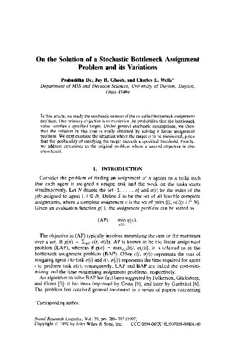 Pdf On The Solution Of A Stochastic Bottleneck Assignment Problem And Its Variations