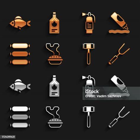 수제 파이 케첩 병 바베큐 포크 주방 망치 소시지 소화기 생선 및 타바스코 소스 아이콘을 설정합니다 벡터 검은색에 대한 스톡 벡터 아트 및 기타 이미지 Istock