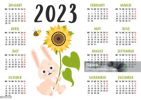 동쪽 별자리까지 토끼 기호가있는 2023 년 수평 달력 해바라기가있는 귀여운 토끼 벡터 일러스트레이션 영어로 12 개월 동안