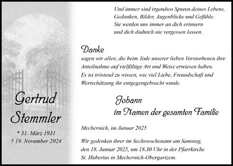 Traueranzeigen Von Gertrud Stemmler Wirtrauern