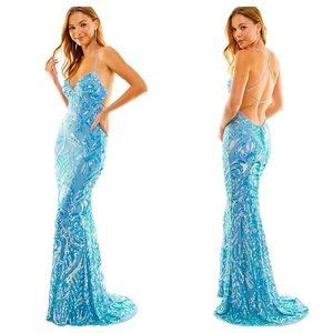 B Darlin Dresses B Darlin Sequin Blue Open Bungee Strap Back