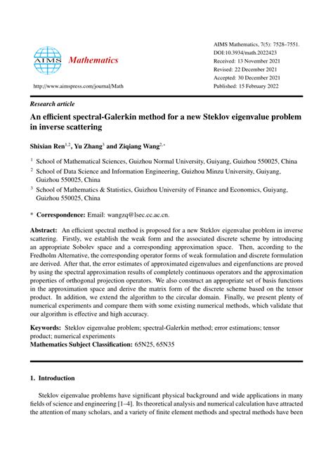 Pdf An Efficient Spectral Galerkin Method For A New Steklov Eigenvalue Problem In Inverse
