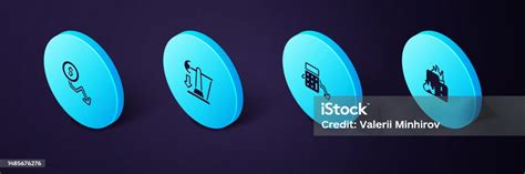 Set Isometric Fire In Burning House Calculation Of Expenses Drop Crude Oil Price And Dollar Rate