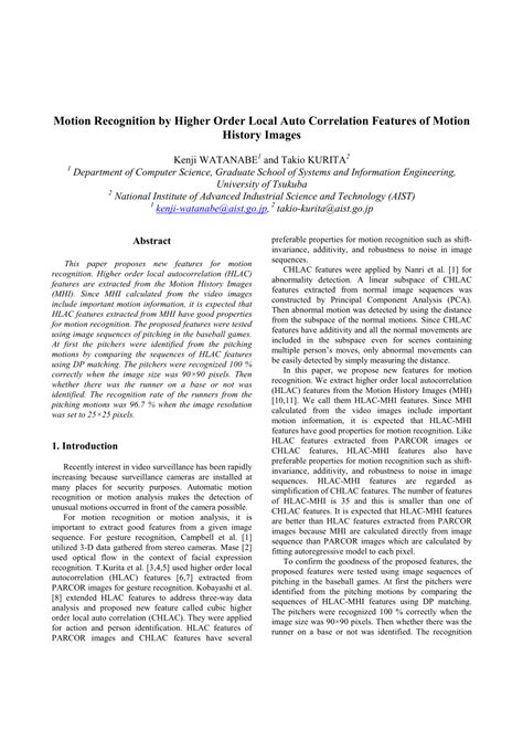 Pdf Motion Recognition By Higher Order Local Auto Correlation Features Of Motion History Images