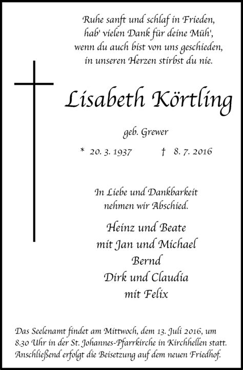Traueranzeigen Von Lisabeth Körtling Trauer In Nrw De