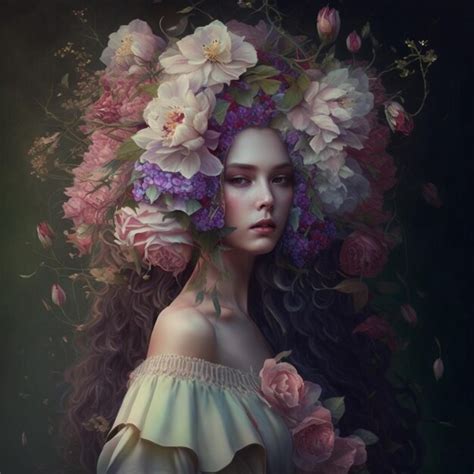 Arafed Portrait Of A Woman With Flowers In Her Hair Generative Ai