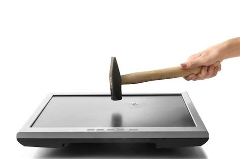 Premium Photo Old Computer Screen Smashed With Hummer Isolated On White