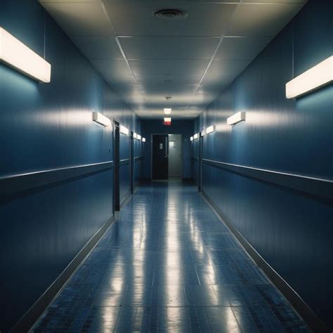 A Hallway With A Exit Sign On The Wall And A Exit Sign On The Right