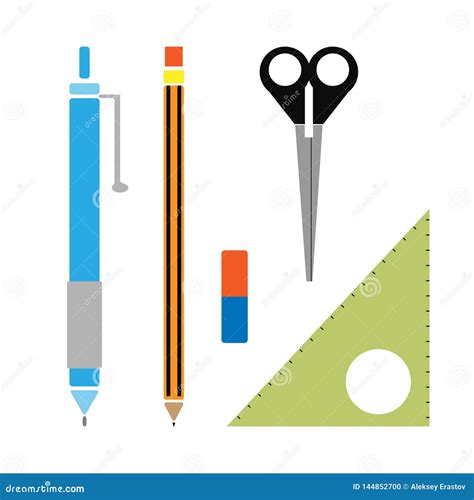 Set Of Pen Pencil Eraser Triangular Ruler Scissors Vector Illustration Stock Vector
