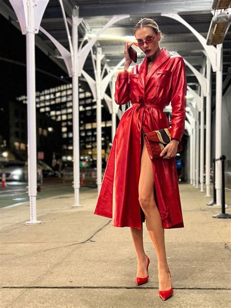 Houda Maxi Leather Trench Coat In 2024 Red Leather Coat Rain Fashion Long Leather Coat