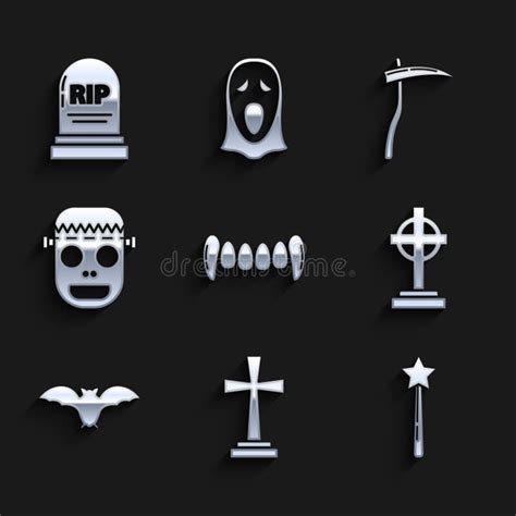 Set Vampire Teeth Tombstone With Cross Magic Wand Flying Bat Zombie