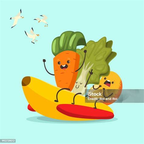 재미 있은 당근 상 추와 망고 바나나 고무 보트에 여름 물 활동의 귀여운 청과의 벡터 만화 문자입니다 스포츠와 건강 한 라이프 스타일의 그림입니다 과일에 대한 스톡 벡터