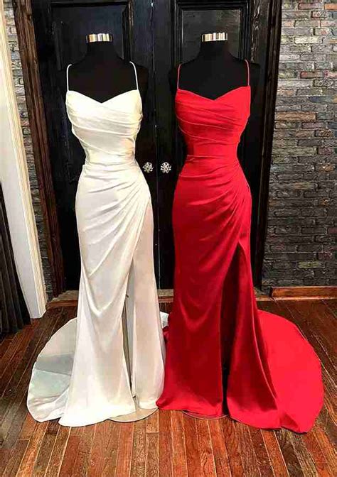 Sheath Column V Neck Spaghetti Straps Sweep Train Satin Prom Dress With