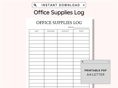 Office Supplies Log Checklist Printable Business Office Supplies