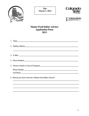 Fillable Online Extension Colostate Master Food Safety Advisor