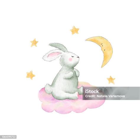 사랑스러운 토끼는 분홍색 구름과 웃는 달에 있습니다 그림 마술사에 대한 스톡 벡터 아트 및 기타 이미지 마술사 토끼 구름 Istock