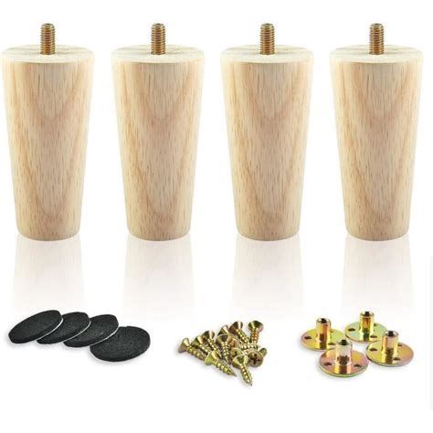 Lot De 4 Pieds De Meubles En Bois Massif De 15 Cm Avec Plaques De