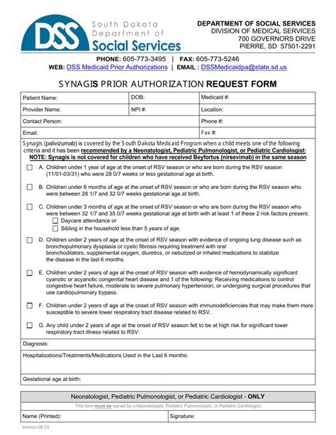South Dakota Synagis Prior Authorization Request Form Fill Out Sign