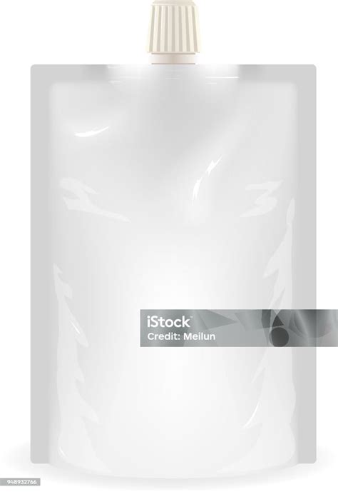 격리 된 Doypack 액체 밀폐 플라스틱 향 식품 가방 서 똑바로 템플릿 3d 현실적인 인쇄 표면 이랑 벡터 일러스트 레이 션