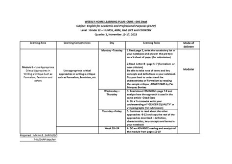Eapp Weekly Home Learning Plan Mod 6 2023 Pdf Human Communication Gender