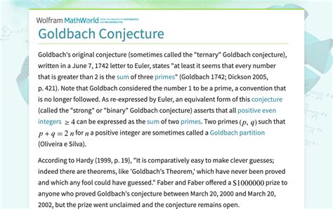 Goldbach Conjecture From Wolfram Mathworld
