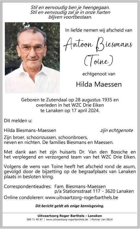 Antoon Biesmans † 17 04 2024 Inmemoriam