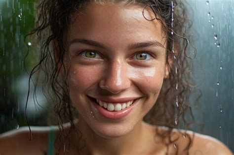 Una Mujer Joven Mirando A La Cámara Mojada Con Gotas De Lluvia Foto Premium