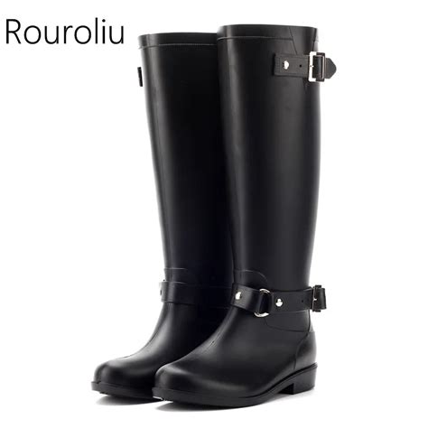 Rouroliu Waterproof Motorcycle Rain Boots Women Knee High Back Zip