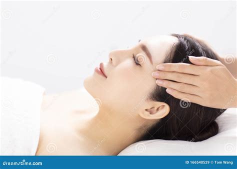 Closed Young Woman Face And Head Massage In Spa Stock Image Image Of