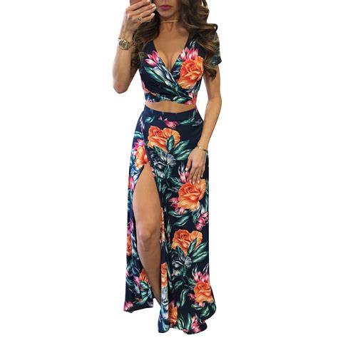 Yjsfg House Elegant Women Summer Long Maxi Dresses Two Piece Set Sexy 2017 Hollow Out Crop Top