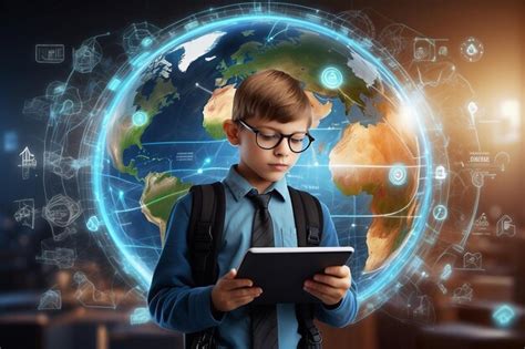 School Boy Taking Notes In Notebook Looking Up At Earth Sphere Hud Web