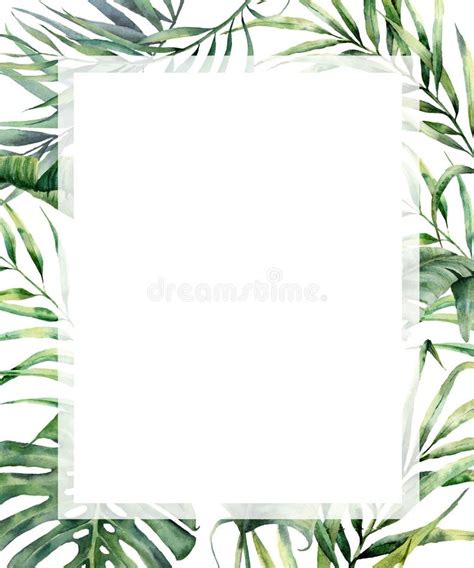 Watercolor Tropical Background Vertical Frame With Palm And Monstera