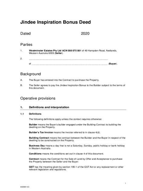 Fillable Online Jindee Inspiration Bonus Deed Fax Email Print Pdffiller