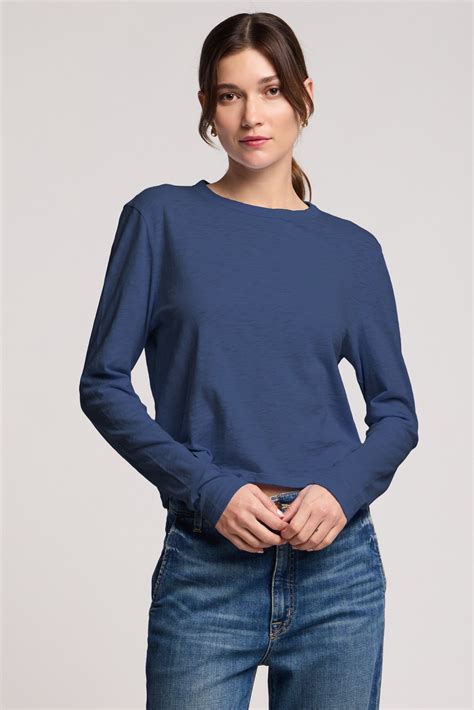 Megan Originals Cotton Slub Long Sleeve Crew Neck Cropped Tee Velvet